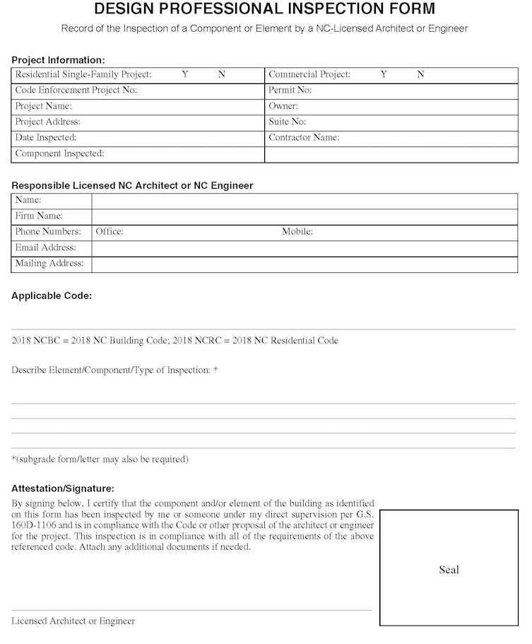 APPENDIX G DESIGN PROFESSIONAL INSPECTION FORM - 2018 NORTH CAROLINA STATE BUILDING CODE ...